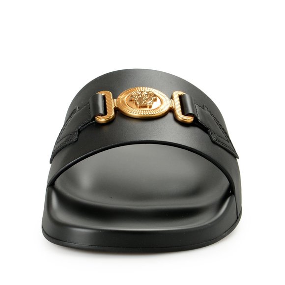 Versace | Shoes | Versace Mens Black Leather Gold Medusa Flip Flops ...